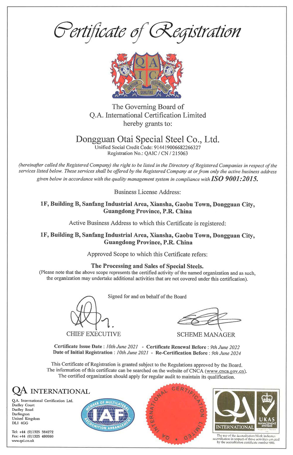 EN-ISO-9001-EN-ISO-9001-2022 OTAI QUALITY CERTIFICATE - Otai Special Steel
